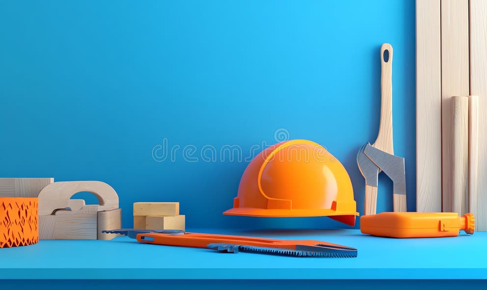 Construction Tools and Orange Hard Hat on Blue Background, Building and ...