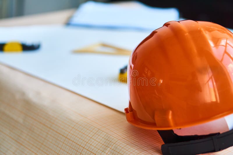 Construction Tools Orange Hard Hat Engineering Drawings Work Table ...
