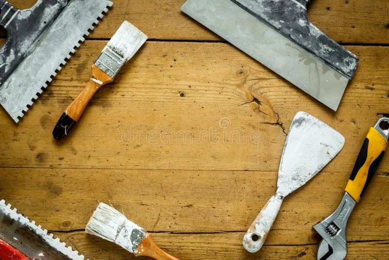 Construction Tools for Painting with Can on Wooden Table Stock Photo ...
