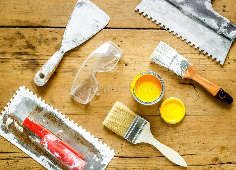 Construction Tools for Painting with Can of Yellow Paint Stock Photo ...