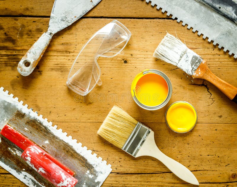 Construction Tools for Painting on Wooden Table Stock Photo - Image of ...