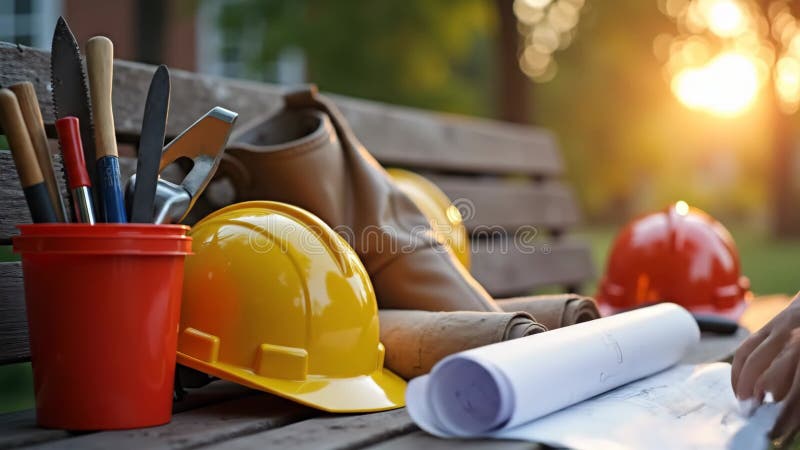 Construction Tools and Plans on a Bench at Sunset, Showcasing a ...