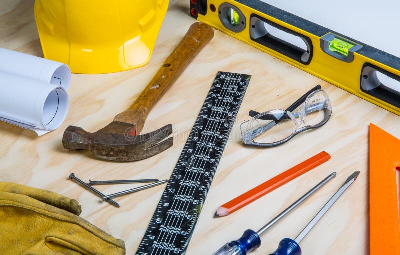 Construction Tools Randomly Placed Stock Photo - Image of gloves ...