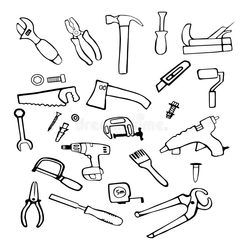 Construction Tools for Repair Set of Icons in Doodle Style. Hand Drawn ...