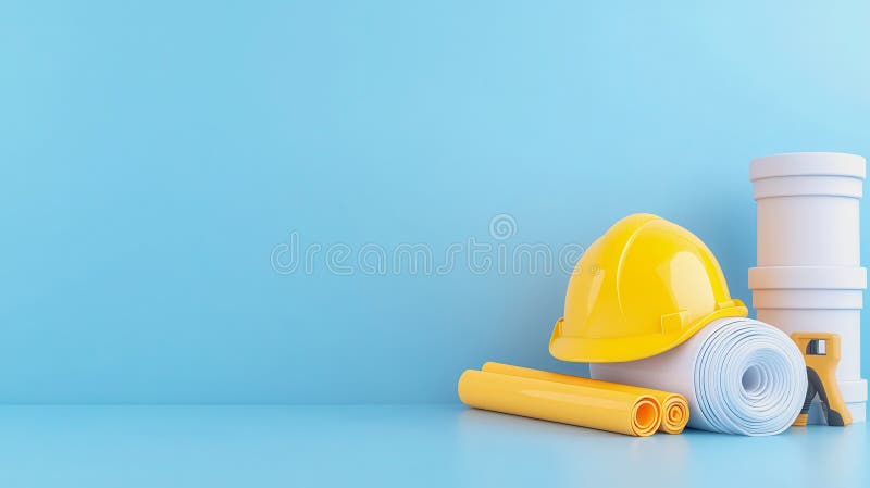 Construction Tools and Safety Equipment on Bright Blue Background with ...