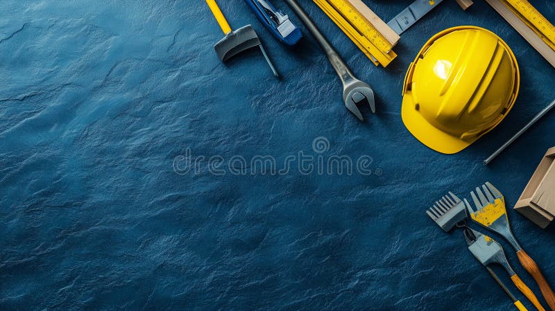 Construction Tools and Safety Gear on Blue Background, Ready for Use ...