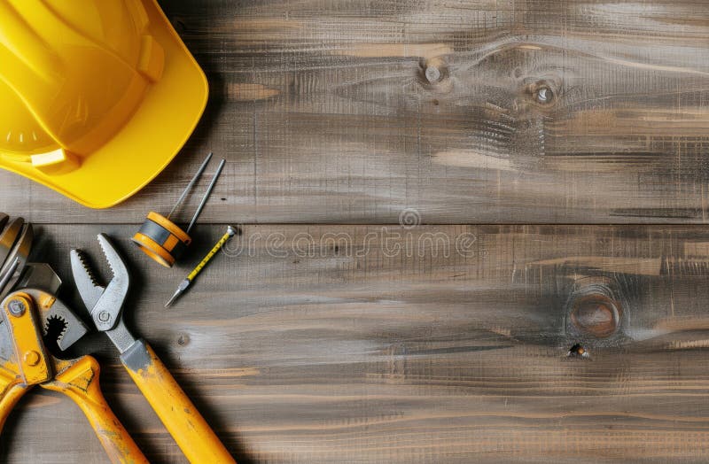 Construction Tools and Safety Helmets on Wooden Surface in a Workshop ...