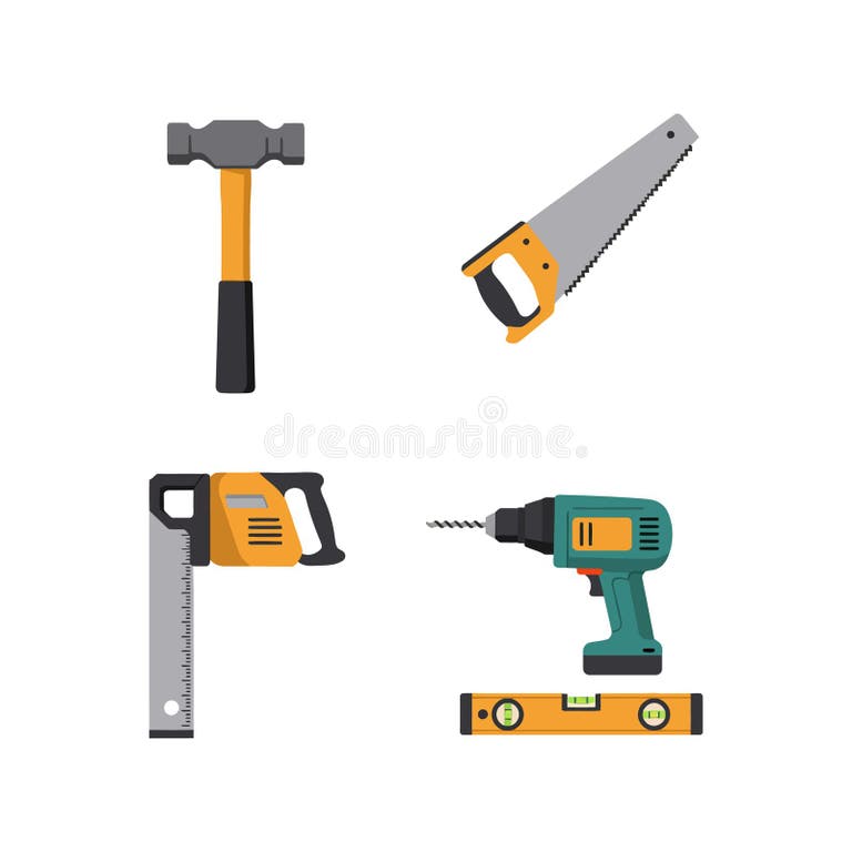 Construction Tools Set with Hammer Saw Drill Ruler and Level Flat ...