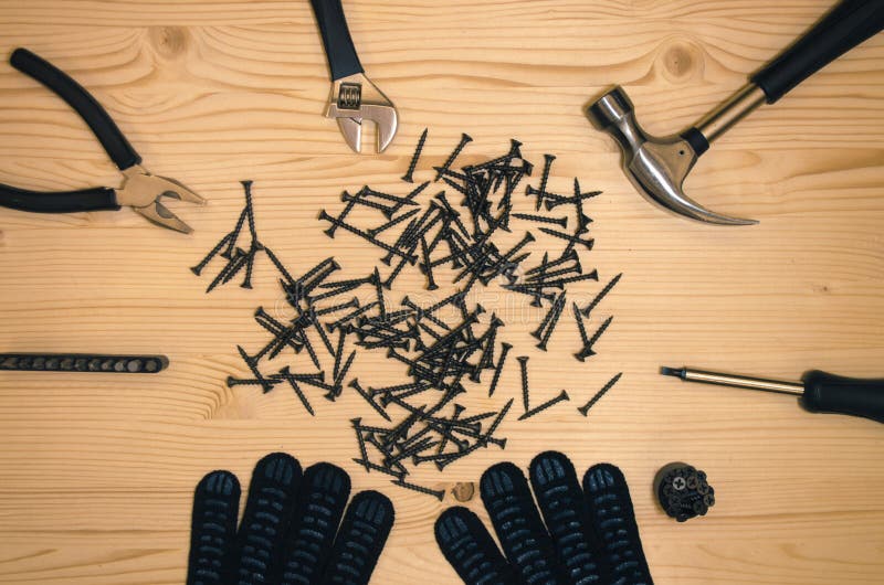 Old Tools Stacked after Work on Vintage Wood Background Stock Image ...