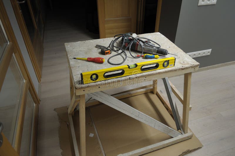 Construction Tools on Table Stock Image - Image of computer, carpenter ...