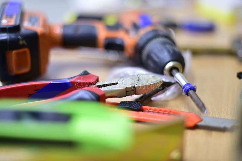 Construction and Tools on the Table Stock Image - Image of hardware ...