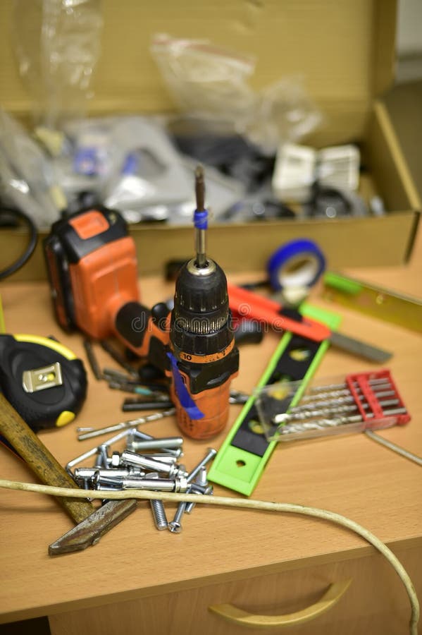 Construction and Tools on the Table Stock Image - Image of equipment ...
