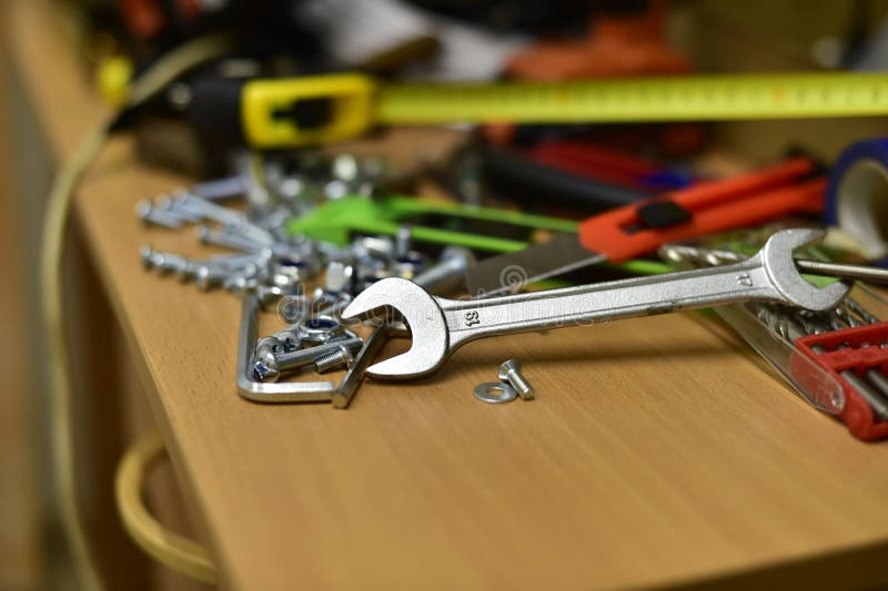 Construction and Tools on the Table Stock Photo - Image of chaotic ...