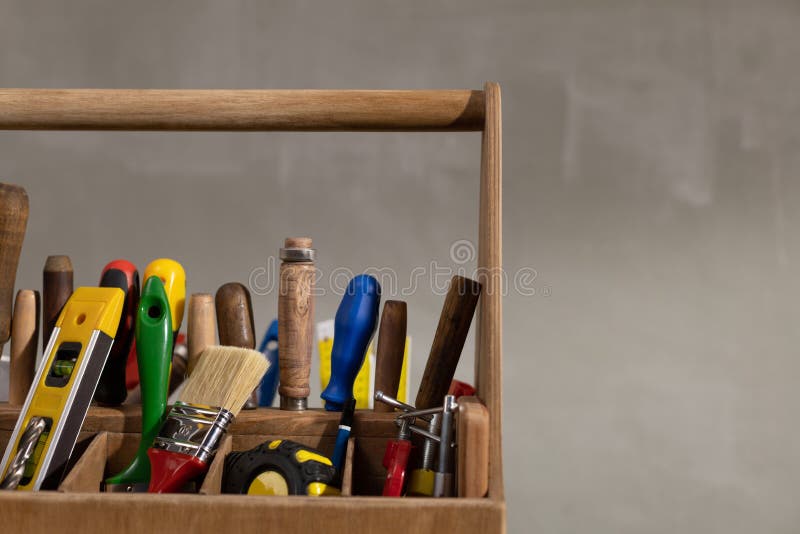 Construction Tools and Toolbox on Wooden Table Background Texture ...