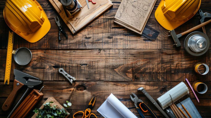 Construction Tools , Top View on Wooden Table Stock Illustration ...