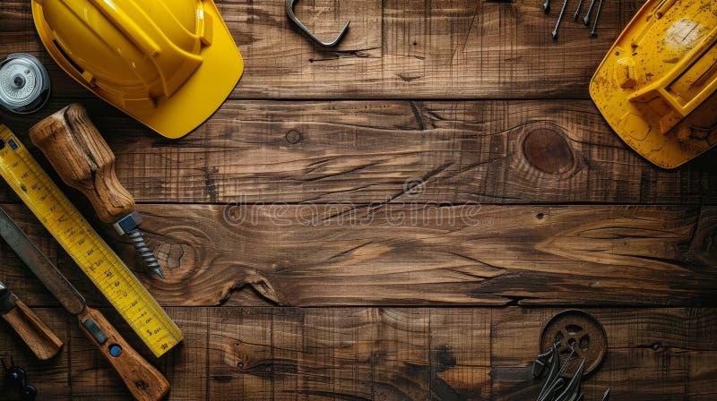 Construction Tools , Top View on Wooden Table Stock Illustration ...