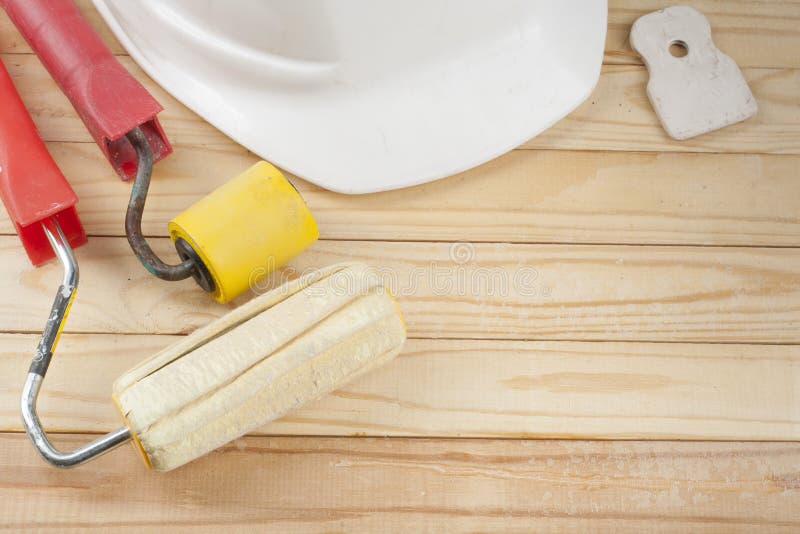 Construction Tools and White Helmet on Wooden Background. Copy Space ...
