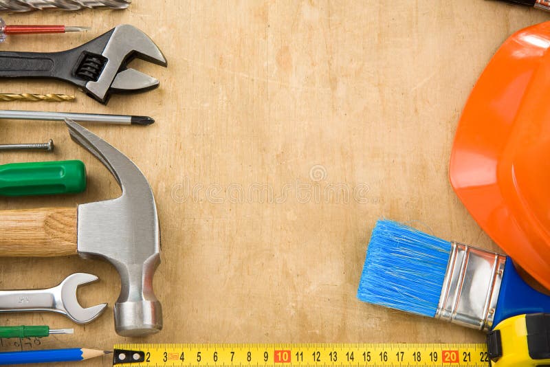 Construction tools on wood stock photo. Image of pencil - 22443396