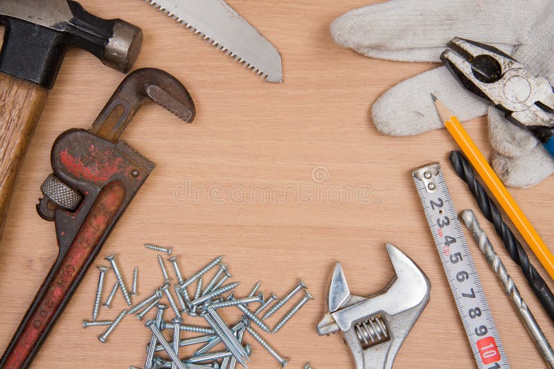 Construction Tools on Wooden Desk Stock Image - Image of closeup ...