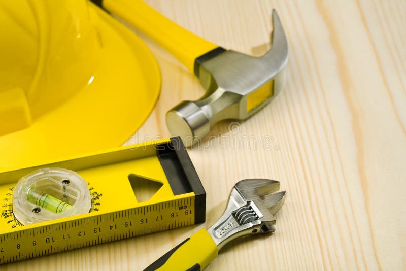Construction Tools on Wooden Table Stock Image - Image of shot ...