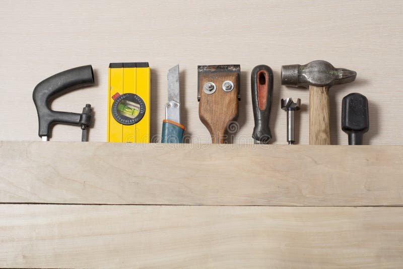 Construction Tools on Wooden Table with Sawdust. Joiner Carpenter ...