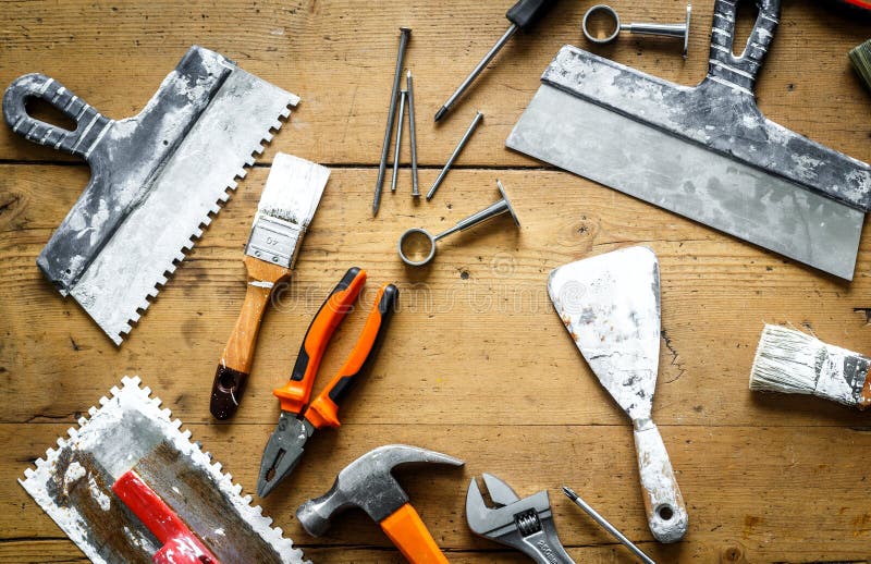 Construction Tools on a Wooden Table Stock Photo - Image of screwdriver ...