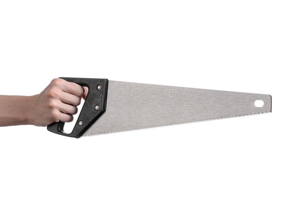 Construction Topic: Hand Holding a Saw with a Black Pen on a White ...