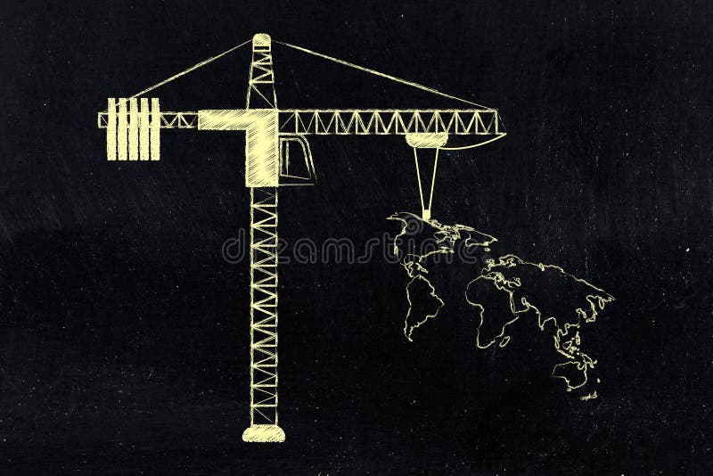 Construction Tower Crane Lifting Up World Map Stock Illustration ...