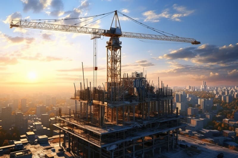 Construction Tower Cranes in the Backdrop of Construction and Beautiful Sunrise Sky with Clouds ...