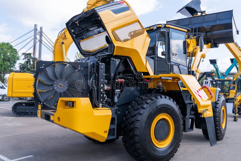 Construction Tractor with Open Hood Stock Photo - Image of diagnostic ...