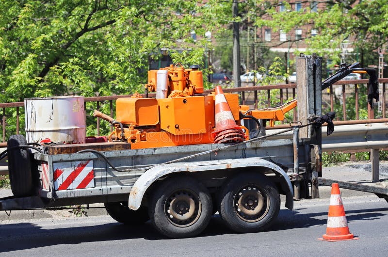 Construction Trailer at the Road Renovation Stock Photo - Image of tree ...