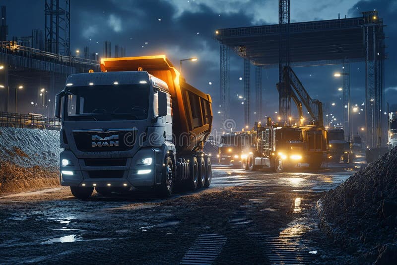 Construction Trucks Illuminate the Night while Working on Urban ...