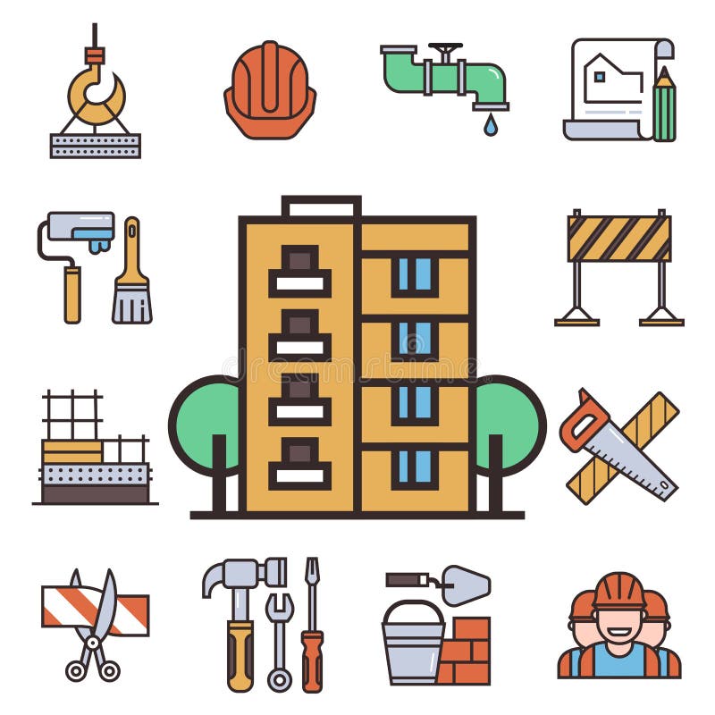 Construction Vector Linear Icons Universal Building Elements and Worker ...
