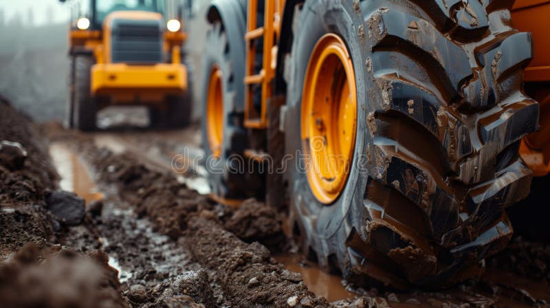 A Construction Vehicle& X27;s Tire Drives through Muddy Ground Stock ...