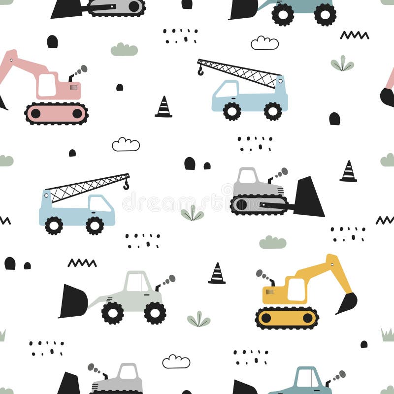 Construction Vehicles Baby Seamless Pattern Vector with Crane, Loader ...