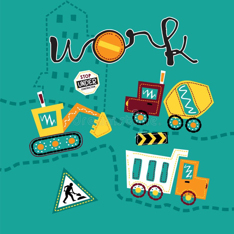 Construction Vehicles Cartoon in Build Process with Construction Signs ...