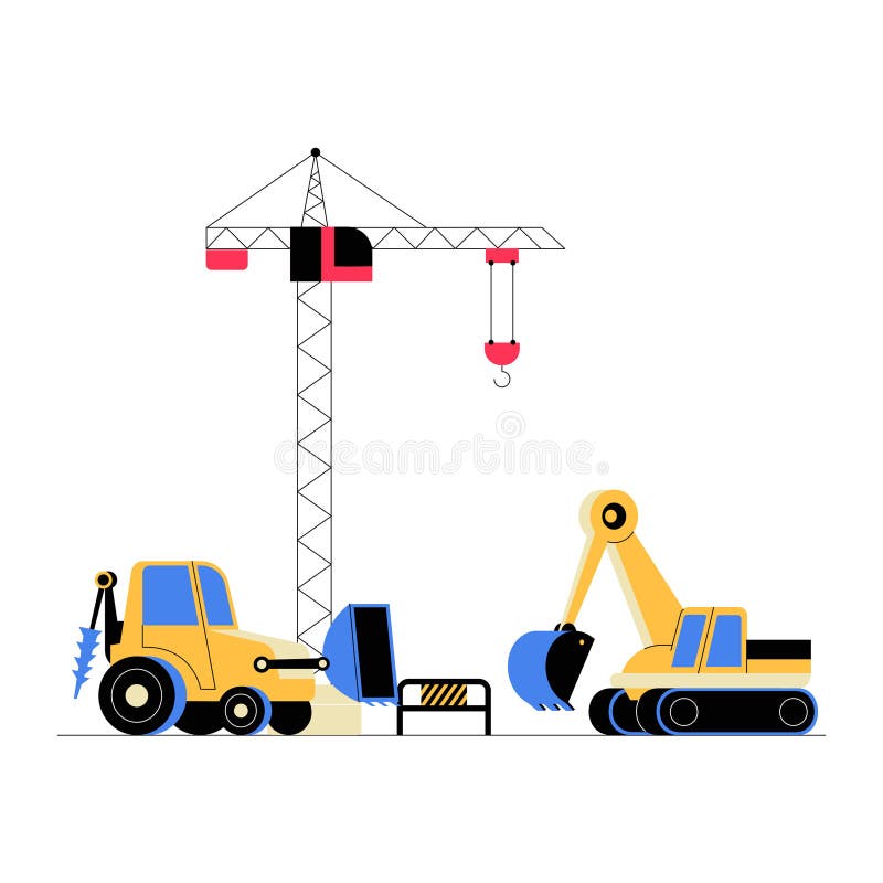 Construction Vehicles with Excavator and Crane in Flat Vector ...