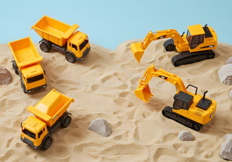Construction Vehicles on Sand Yellow Toy Dump Trucks and Excavators ...