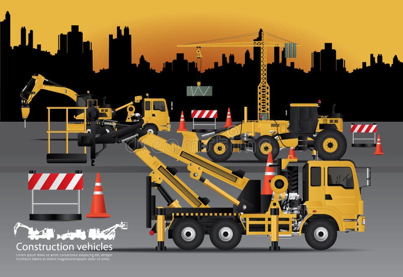 Construction Vehicles Set with Building Background Stock Vector ...