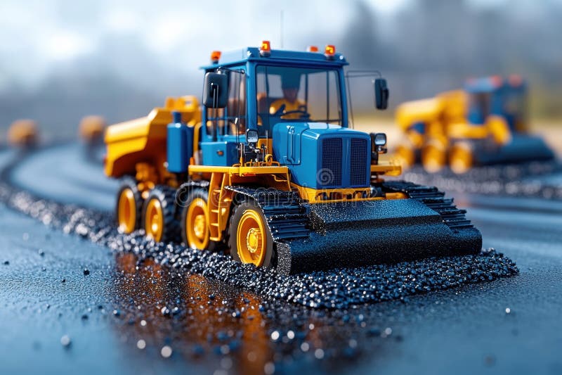 Construction Vehicles Work on Road Surface, Creating a Smooth Asphalt ...