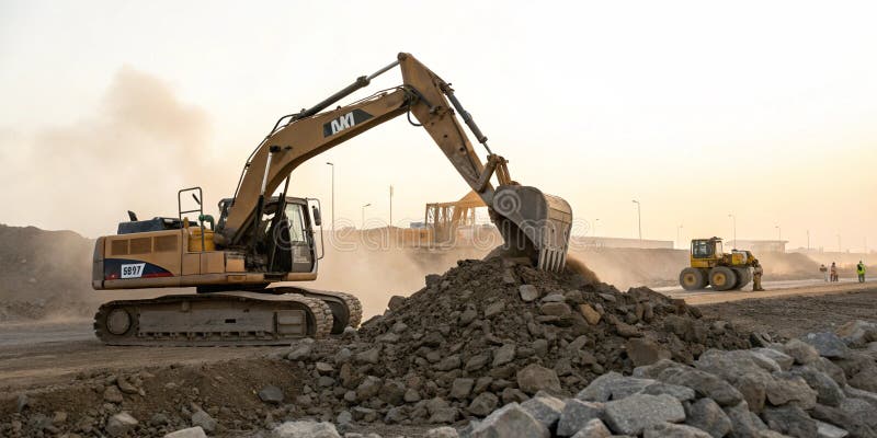 Construction Vehicles Working at Active Work Site Stock Illustration ...