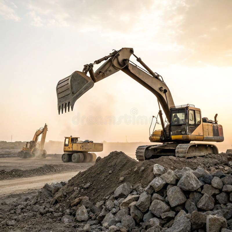 Construction Vehicles Working at Active Work Site Stock Illustration ...