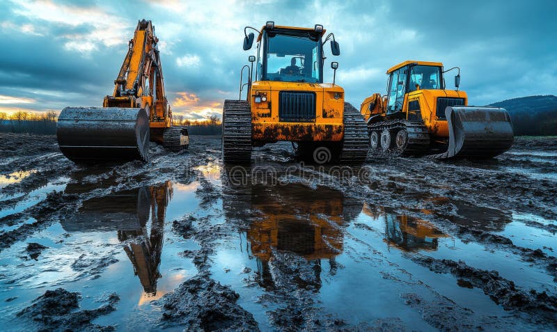 Construction Vehicles Working in Muddy Field during Cloudy Sunset Stock ...