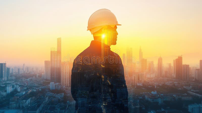 Construction Vision Engineer Silhouette Overlaying Cityscape at Sunset ...
