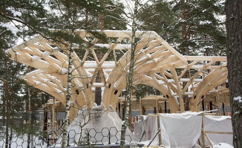 Construction of Voluminous Wooden Structures in the Park in Winter ...