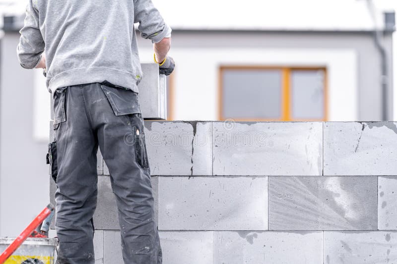 Construction of a Wall of a House Made of Aerated Concrete Blocks Stock ...