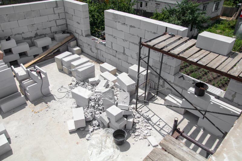 Construction of the Walls of the House from Foam Concrete Bricks Stock ...
