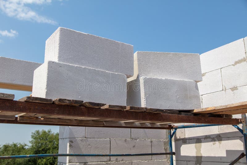 Construction of the Walls of the House from Foam Concrete Bricks Stock ...