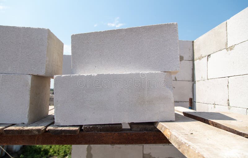 Construction of the Walls of the House from Foam Concrete Bricks Stock ...