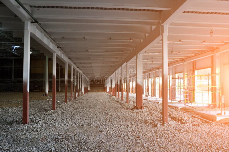 Construction of a Warehouse Complex, Inside View. Columns are Installed ...